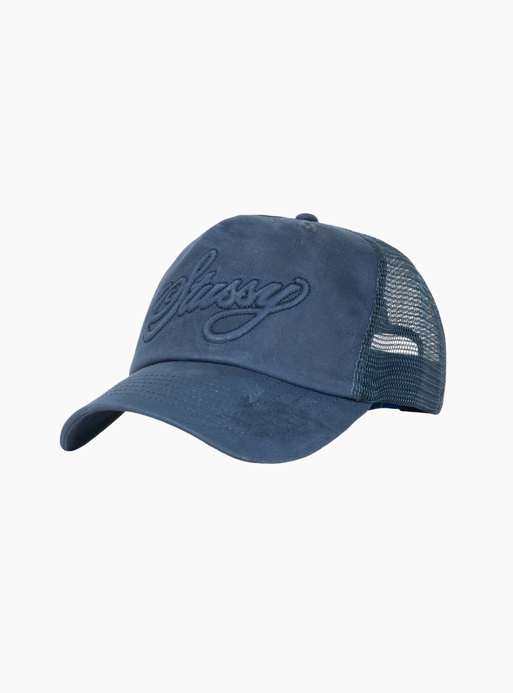 The Trucker Cursive Cap Navy from Stüssy at Couverture & The GarbstoreFront